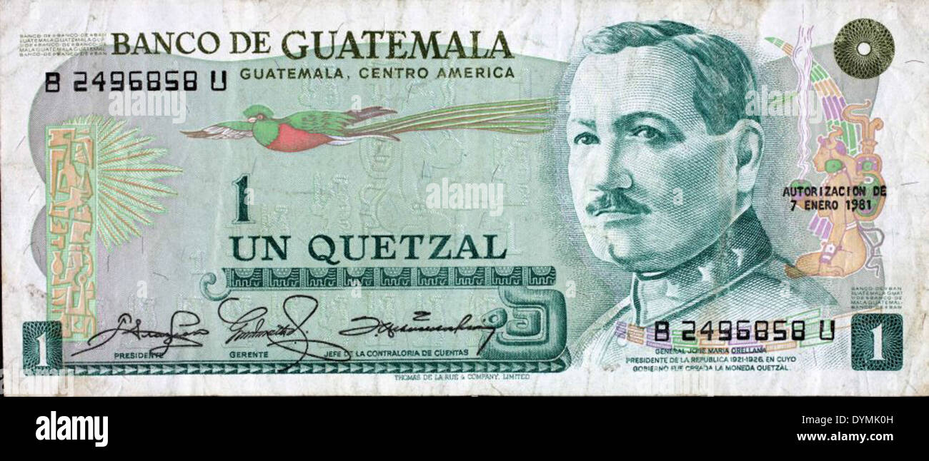 This image depicts the un Quetzal banknote from Banco de Guatemala ...
