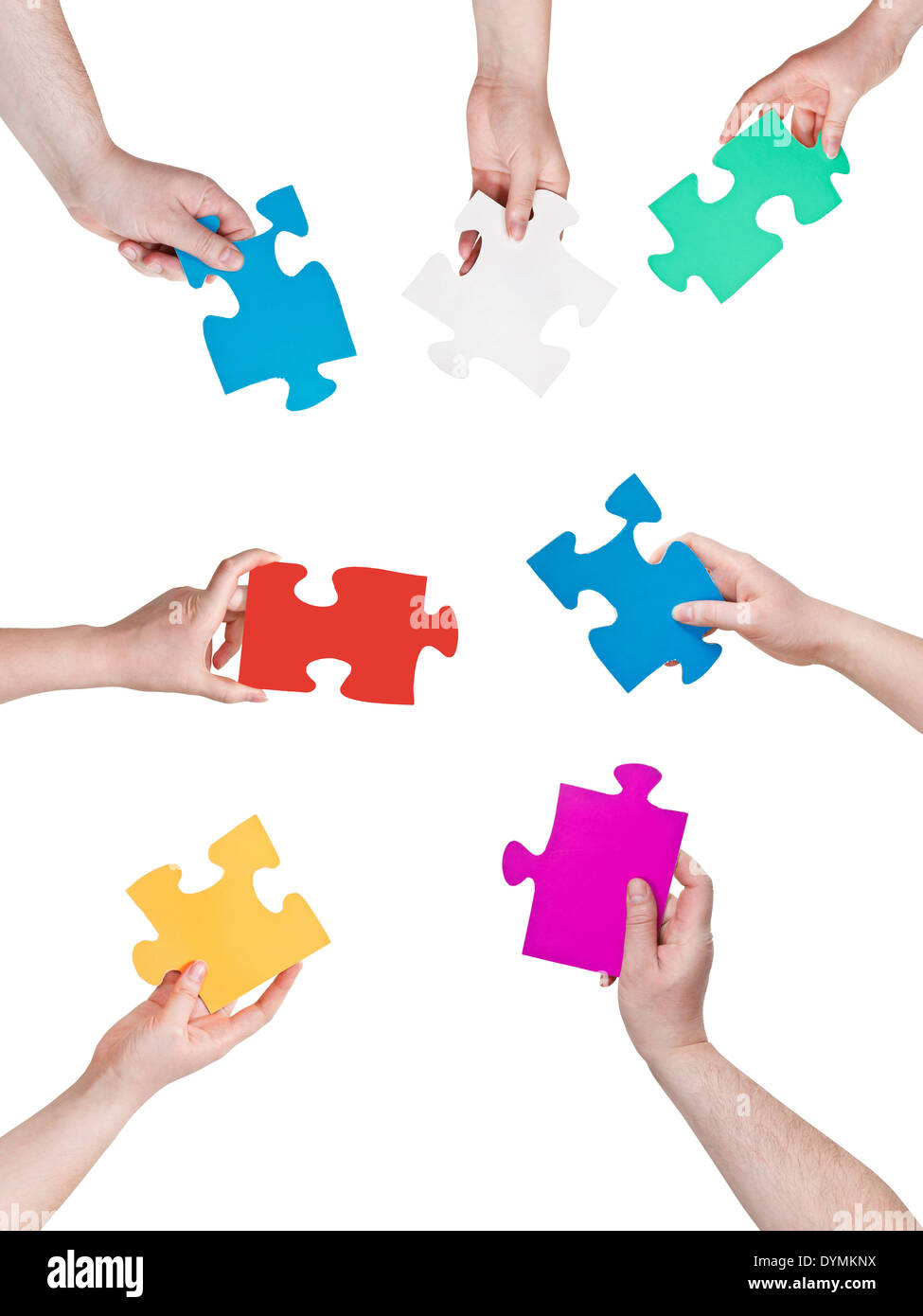 circle of people hands with different puzzle pieces isolated on white ...