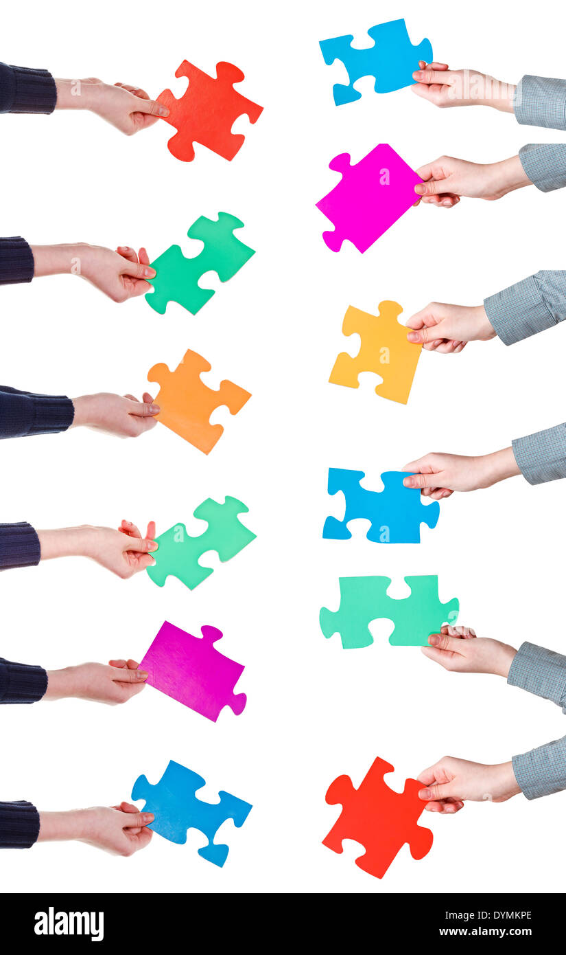 set of female hands with different puzzle pieces isolated on white ...