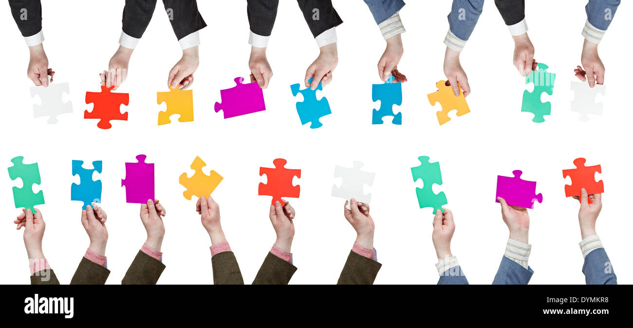 set of male hands with different puzzle pieces isolated on white ...