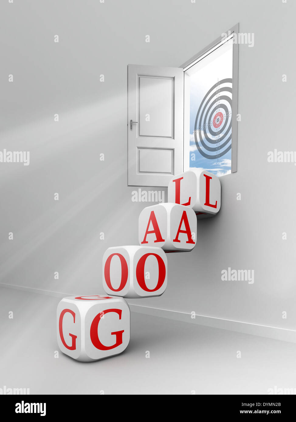 goal block steps in room to open door and target Stock Photo - Alamy