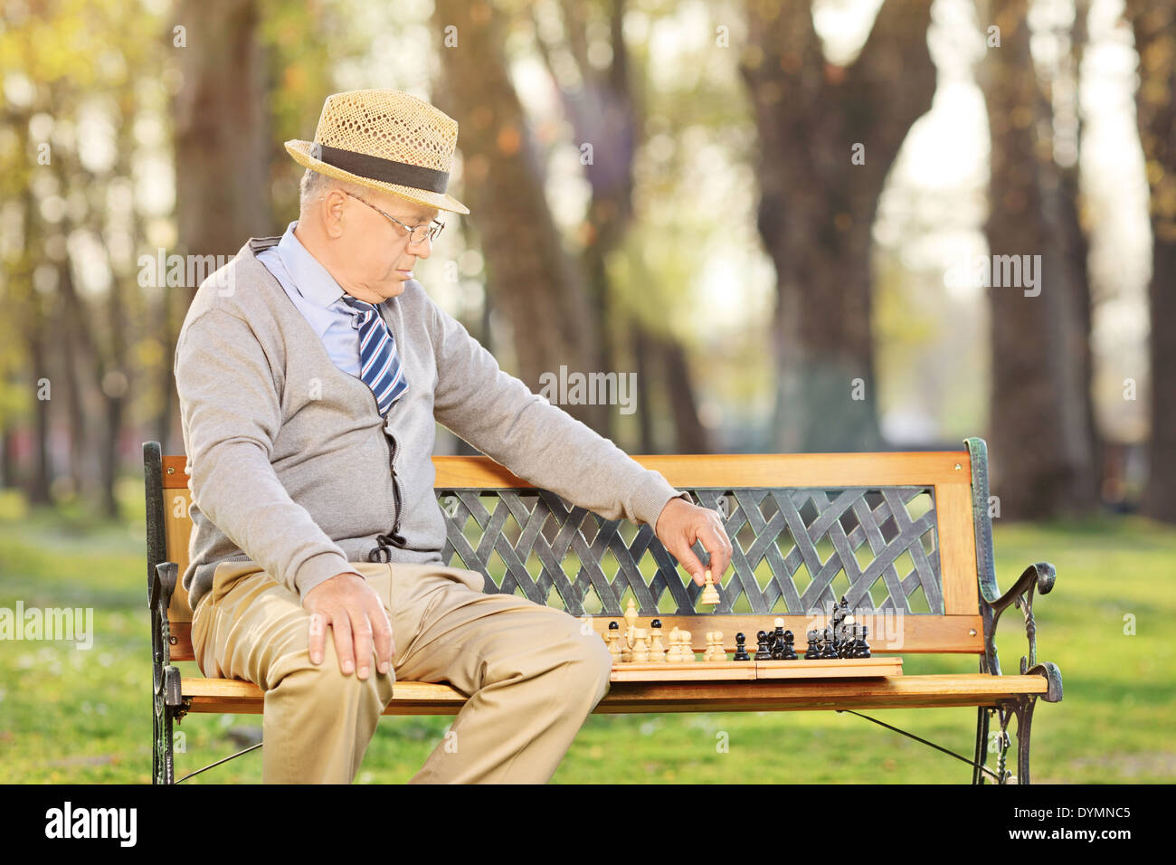 Senior adult playing chess alone outdoors seated on wooden bench Stock ...