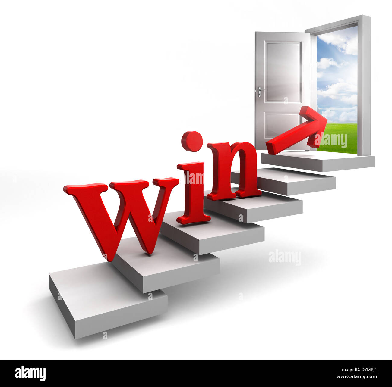 win red word and arrow on stair up to open conceptual door with view to ...