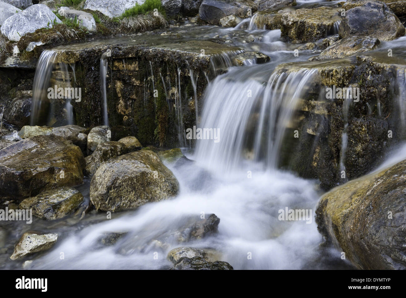 Mountain stream flowing over moss covered rocks Stock Photo - Alamy