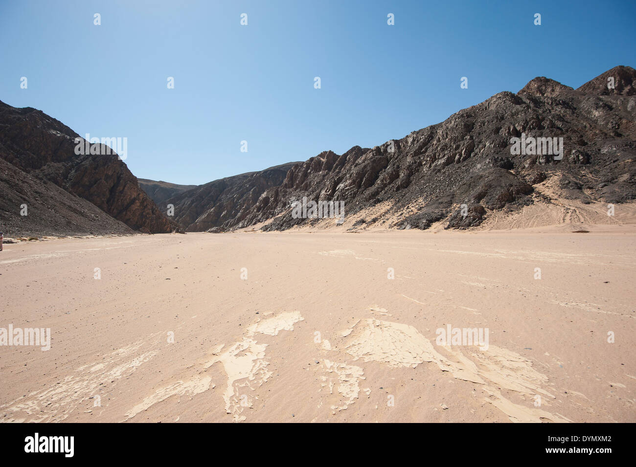 View down a dry wadi desert river valley in barren arid climate with ...