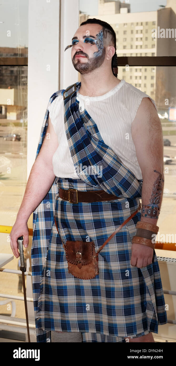 The man shows a make-up: "Scottish Highlander" at make-up show Stock ...