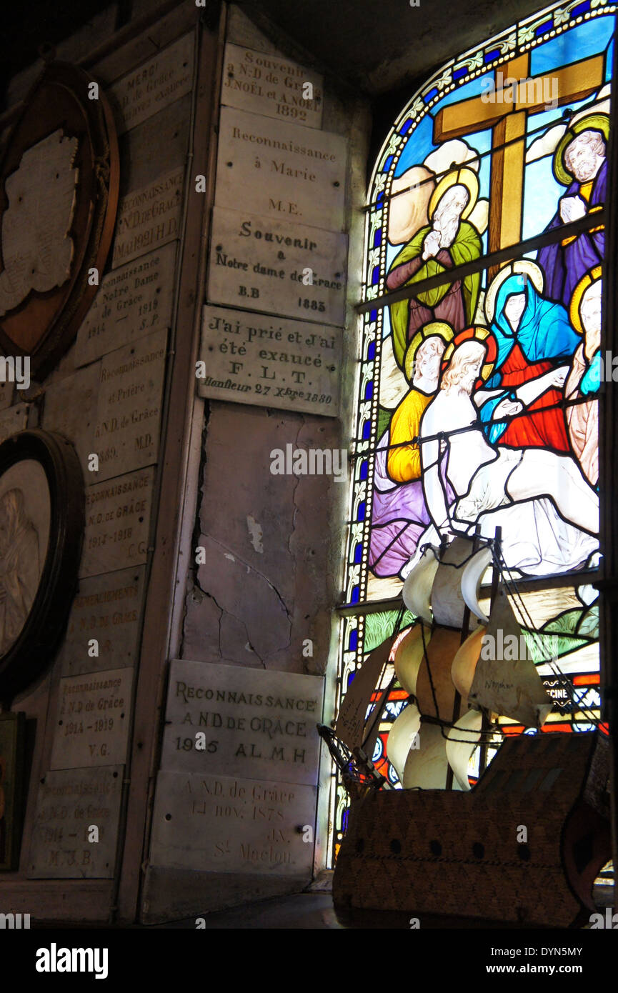 stained glass window and sailboat in Mariners church in Honfleur ...
