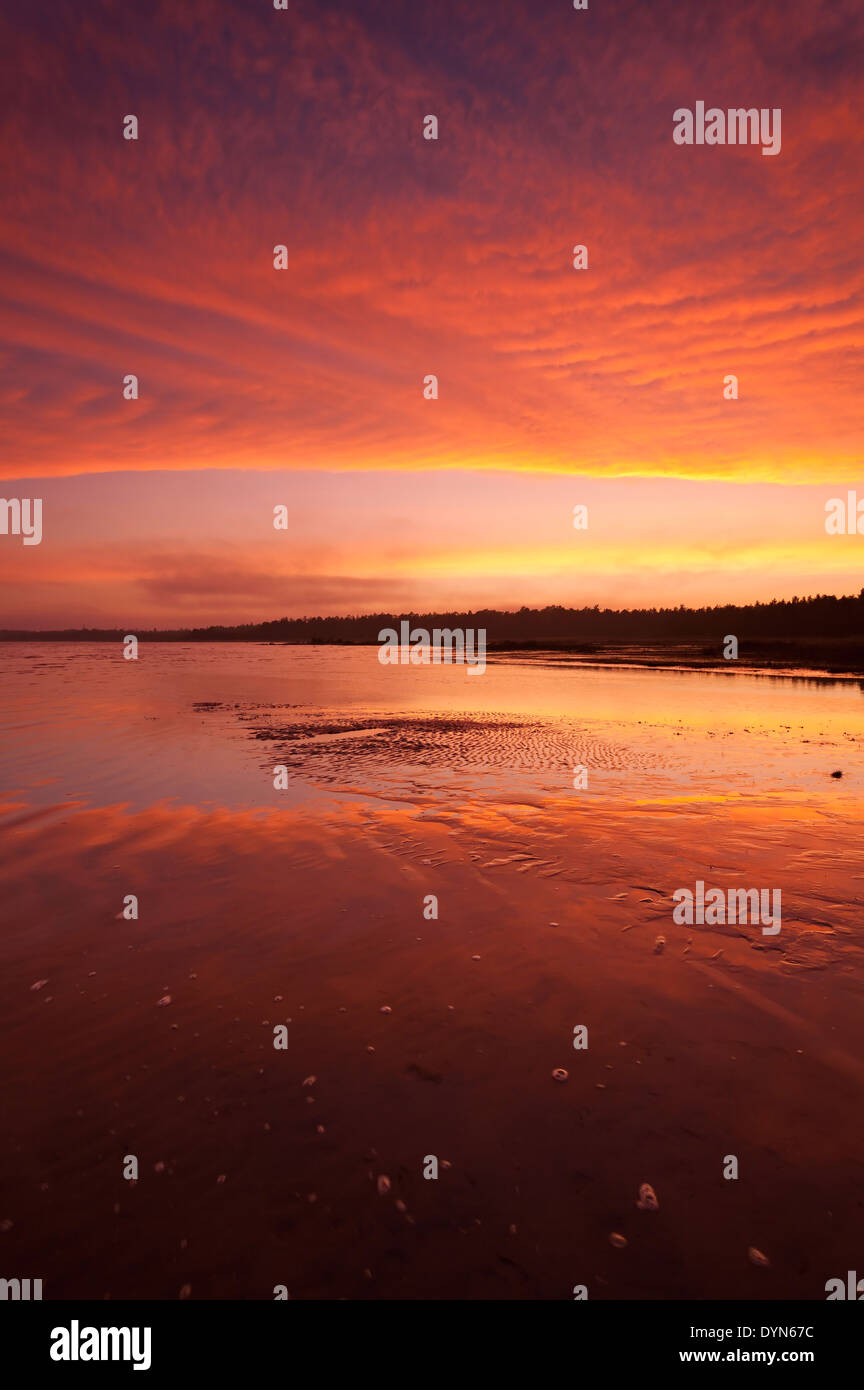 Fiery red sunset over Lake Huron at Singing Sands, Bruce Peninsula ...