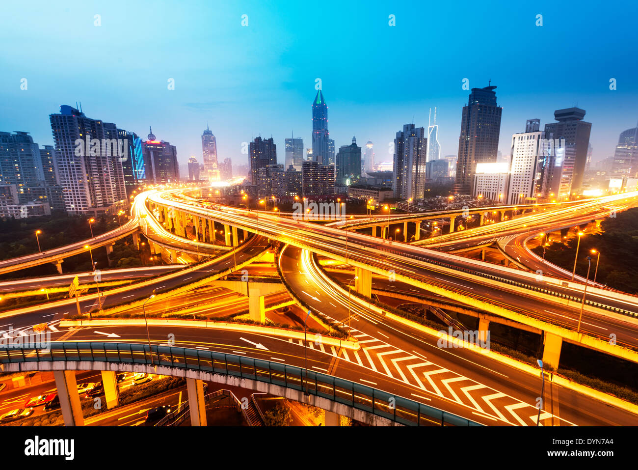 beautiful city interchange overpass at nightfall in shanghai Stock ...