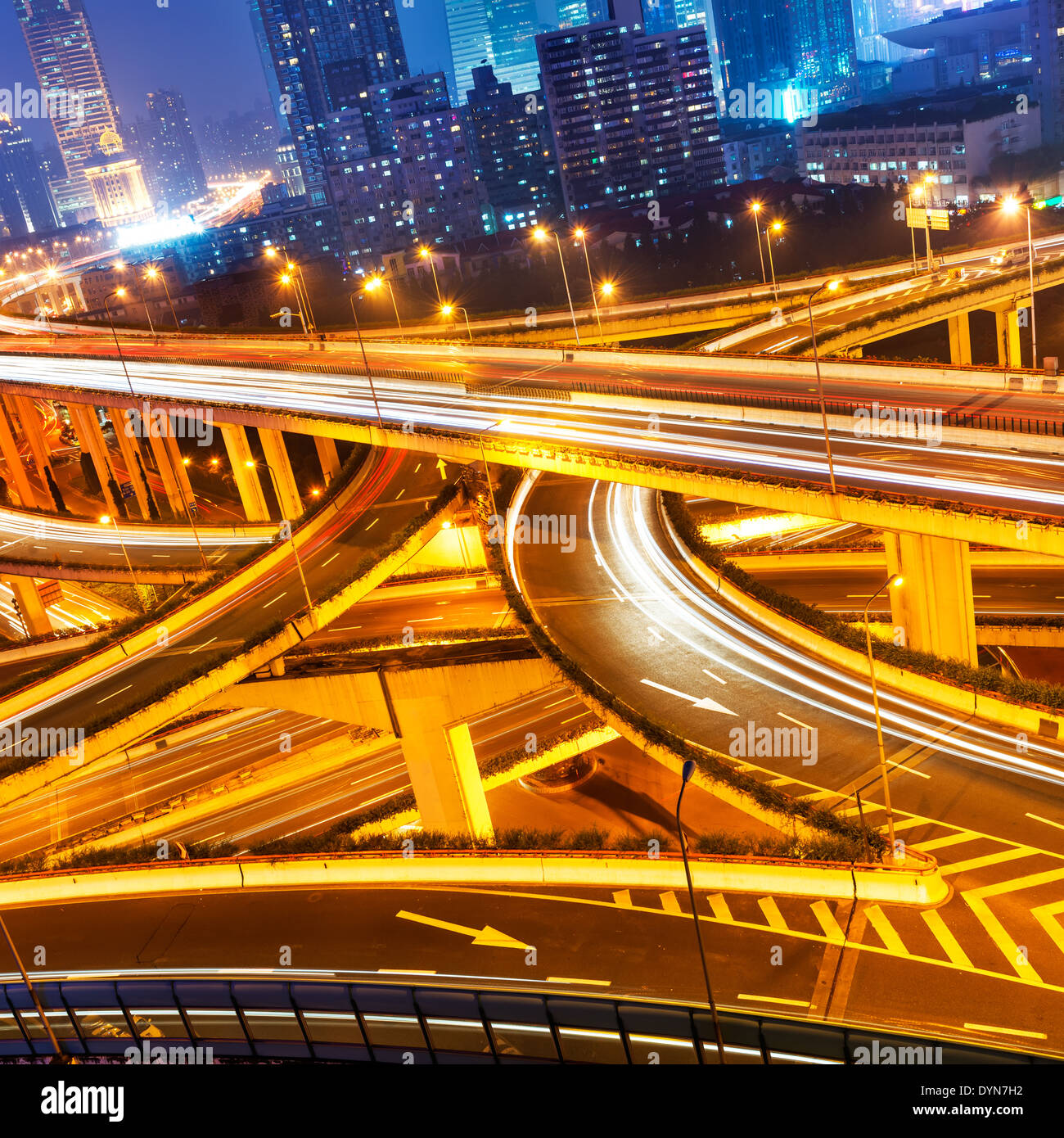 beautiful city interchange overpass at nightfall in shanghai Stock ...