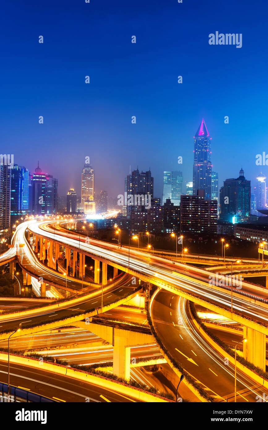 beautiful city interchange overpass at nightfall in shanghai Stock ...