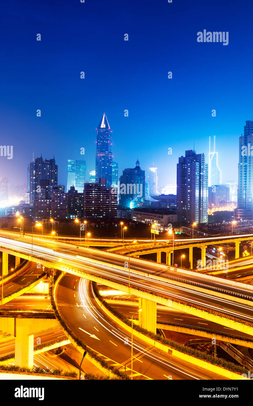beautiful city interchange overpass at nightfall in shanghai Stock ...