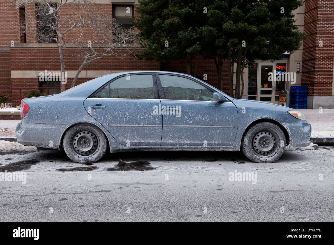 Car covered in dried road salt brine - USA Stock Photo - Alamy