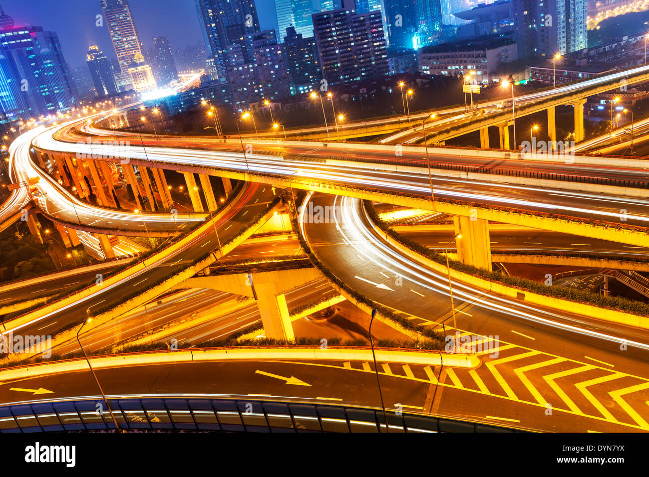 beautiful city interchange overpass at nightfall in shanghai Stock ...