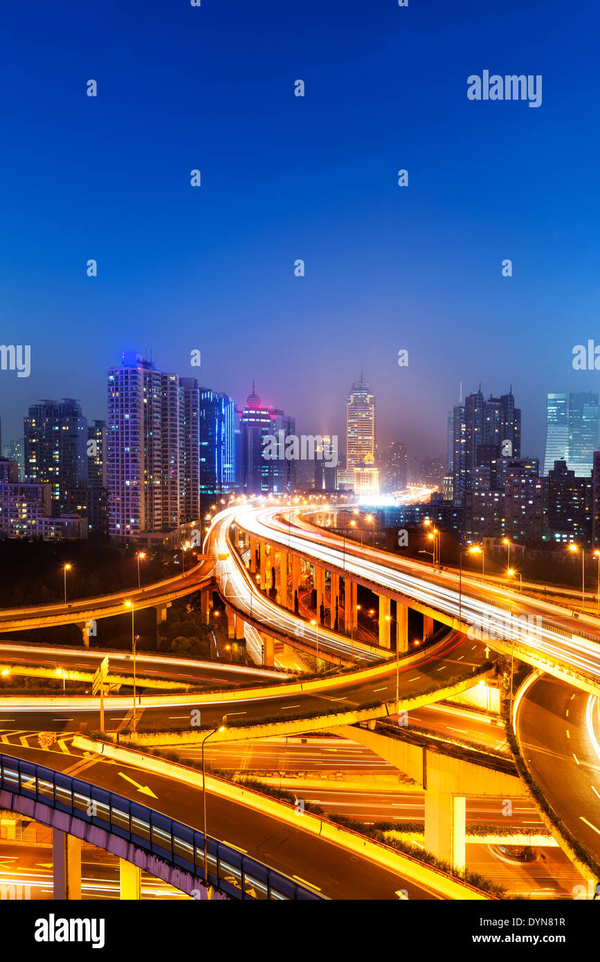 beautiful city interchange overpass at nightfall in shanghai Stock ...