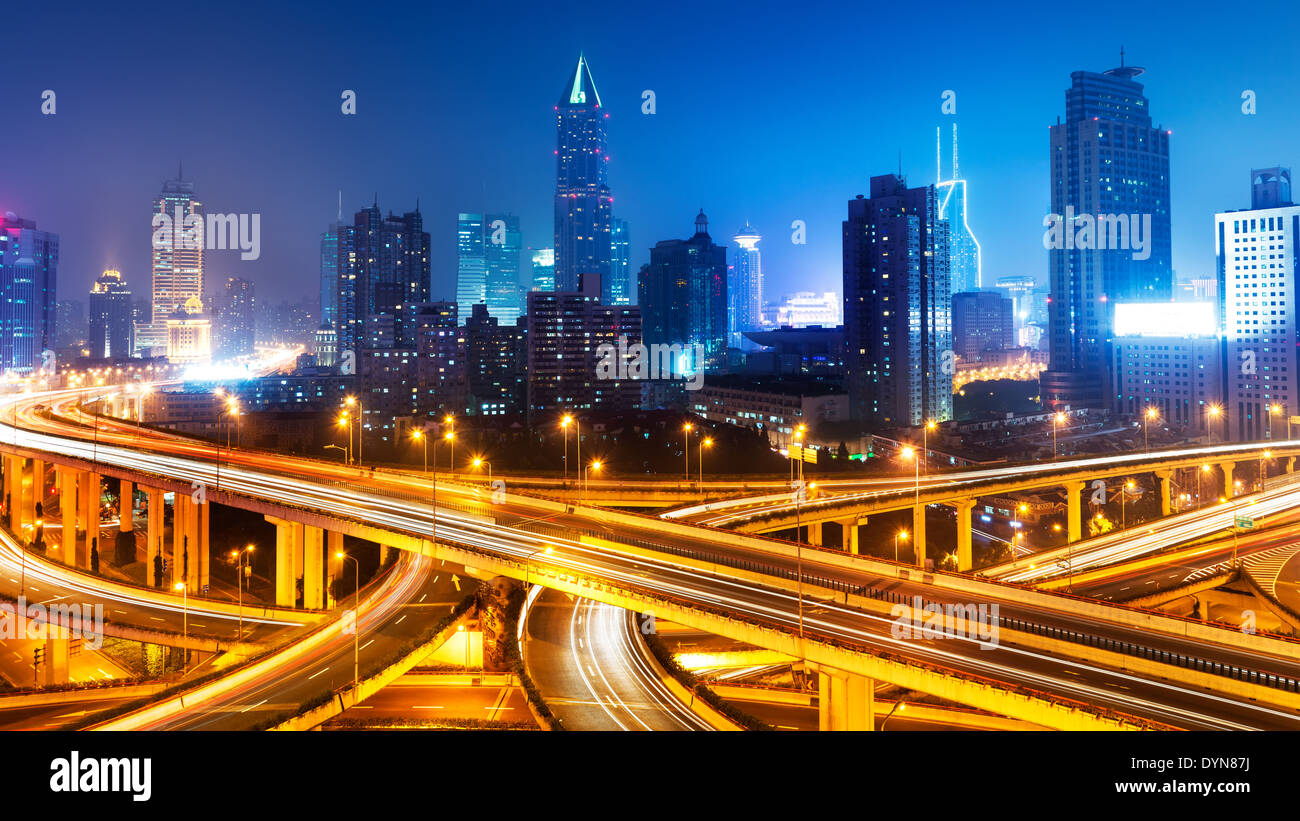 beautiful city interchange overpass at nightfall in shanghai Stock ...
