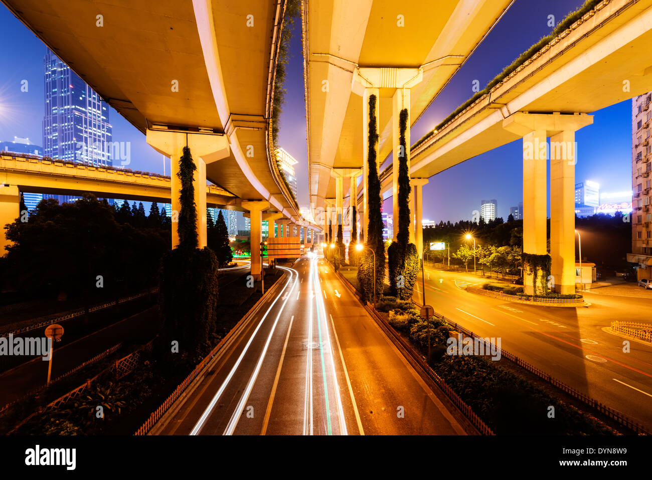 beautiful city interchange overpass at nightfall in shanghai Stock ...