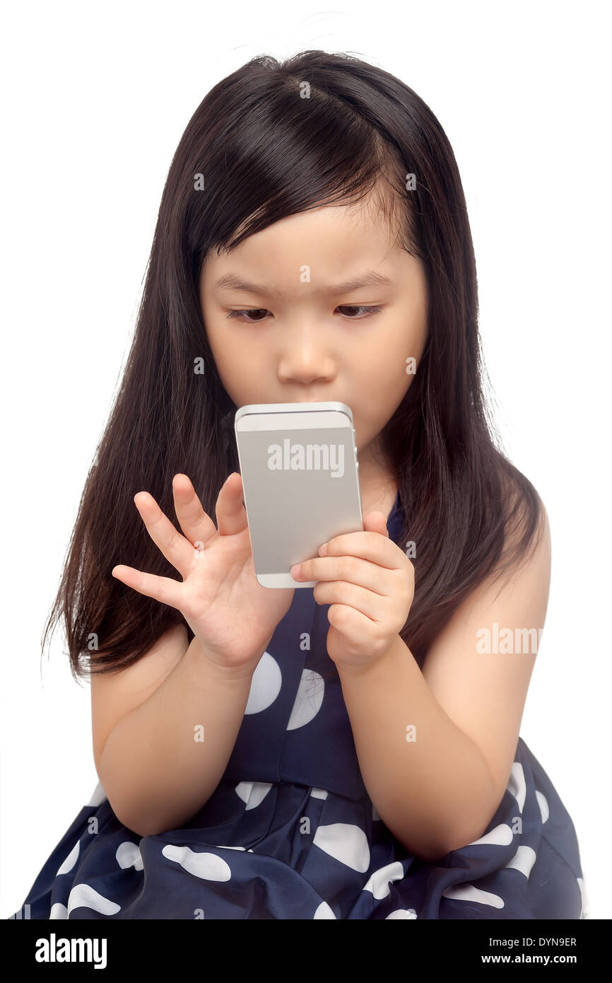 Kid using smartphone on white background Stock Photo - Alamy