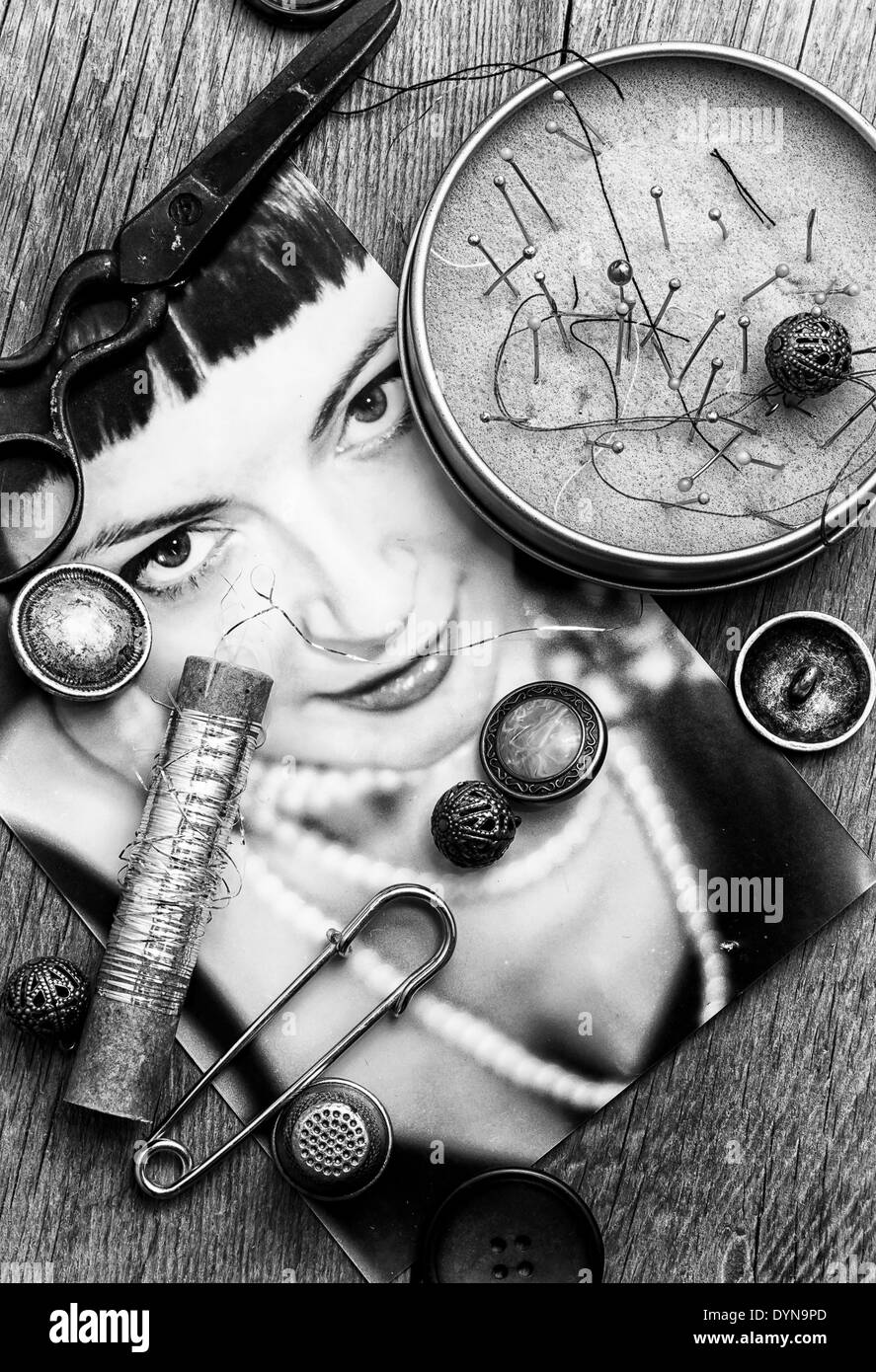 buttons and sewing tools Stock Photo - Alamy