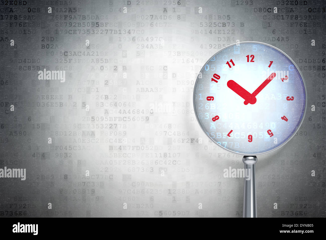 Timeline concept: Clock with optical glass on digital background Stock ...