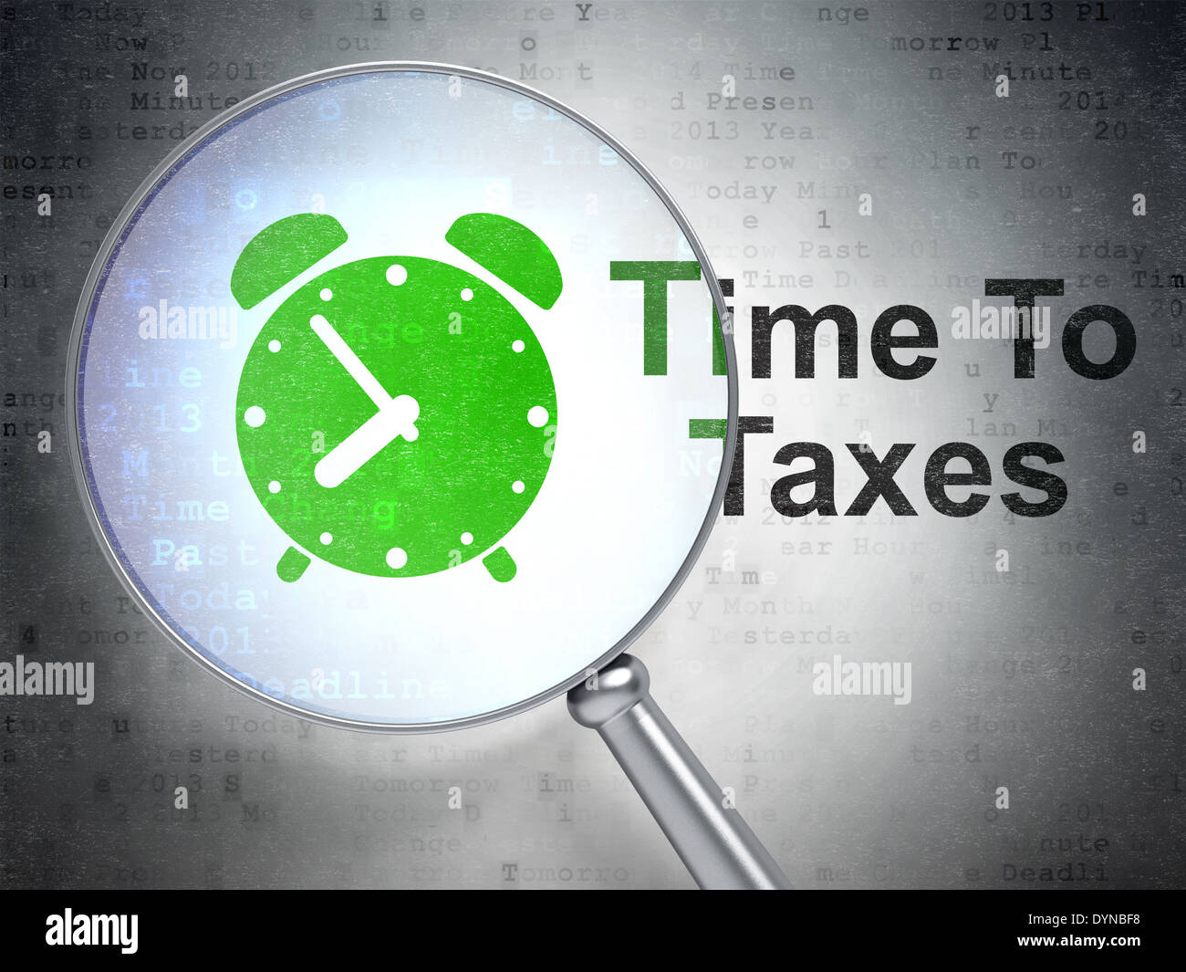 Timeline concept: Alarm Clock and Time To Taxes with optical glass ...