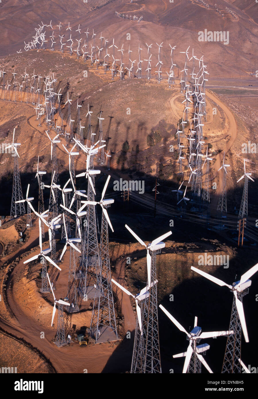 Aerial view of wind turbines on Tehachapi Pass, Mojave Desert ...