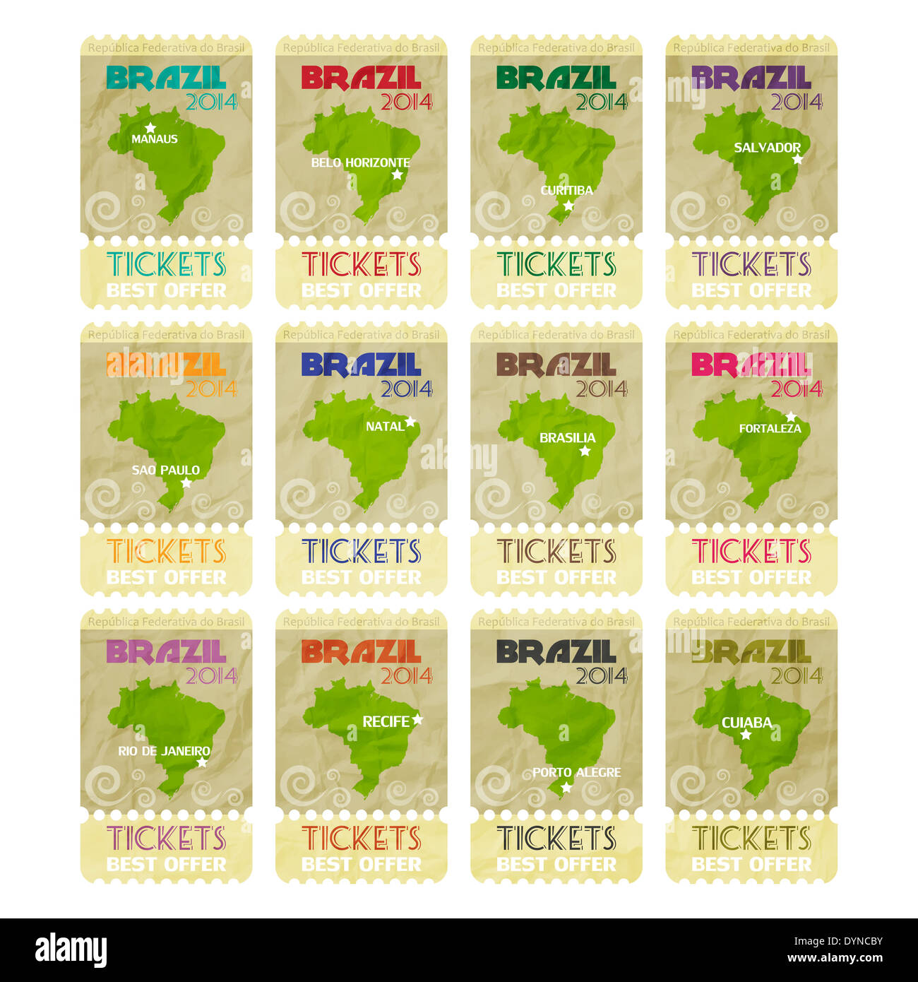 set of paper tickets with Brazil map and soccer event host cities Stock ...