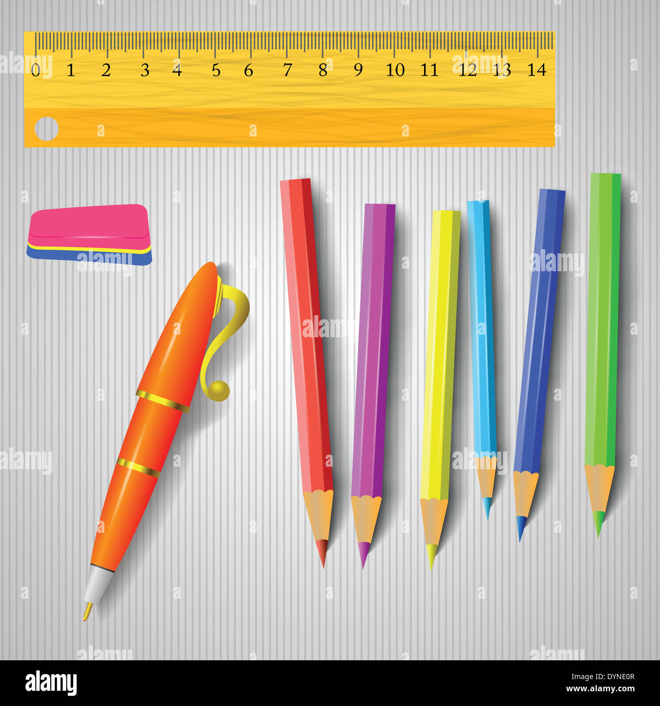 colorful illustration with office tools on a gray striped background ...