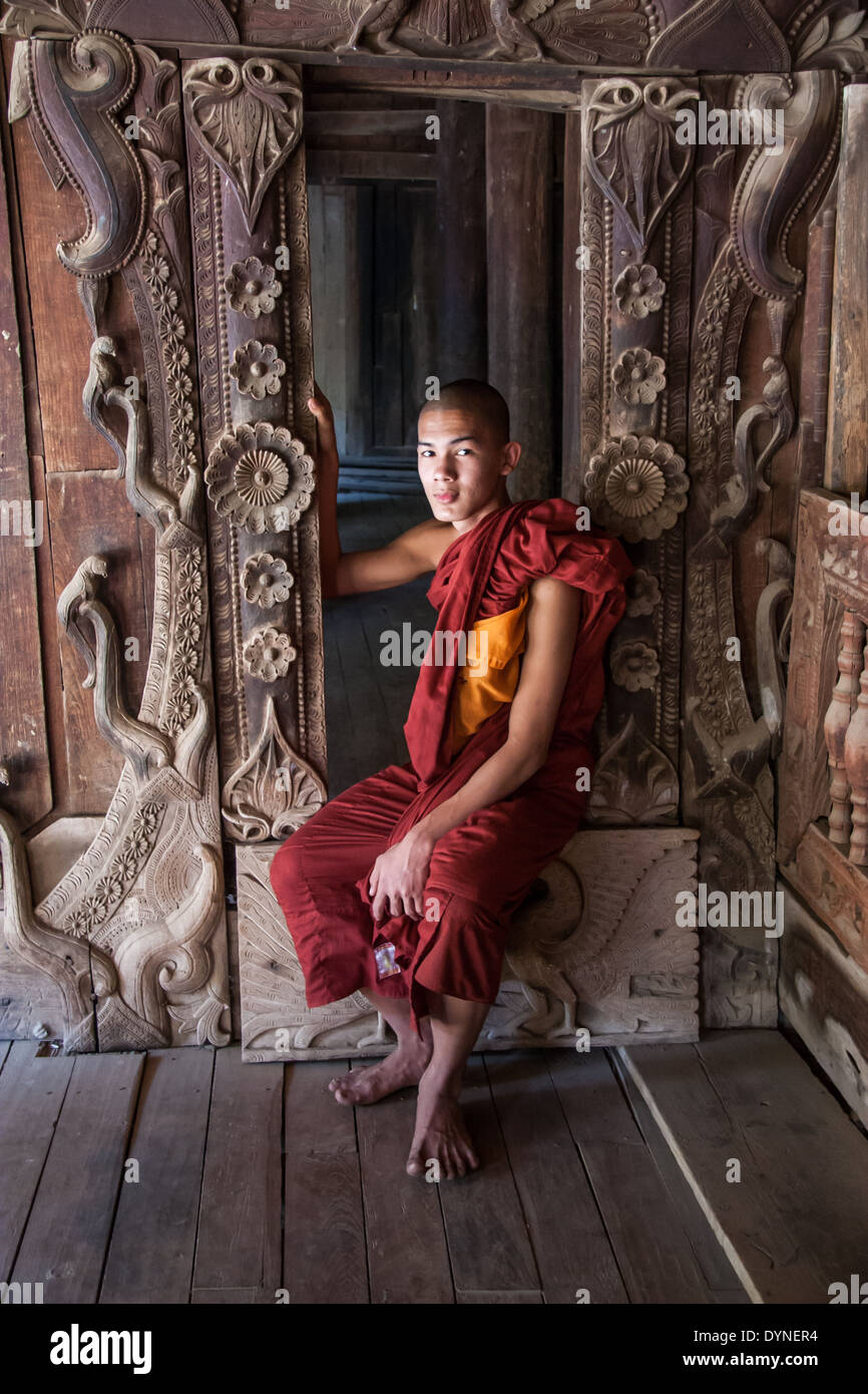 young monk in a wooden temple Yangon Myanmar Burma Stock Photo - Alamy