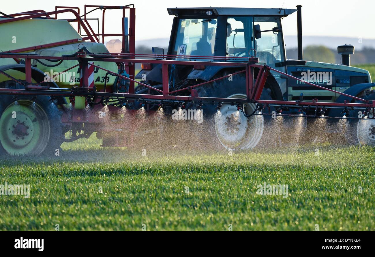 Sieversdorf, Germany. 16th Apr, 2014. A farmer drives across a field of ...