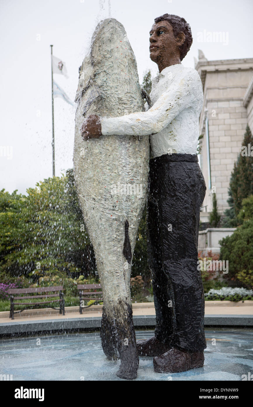 Man with Fish statue fountain outside the Shedd Aquarium in Chicago ...