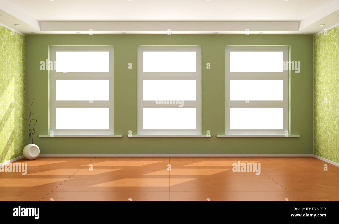 Empty green room with three windows and cement floor - rendering Stock ...