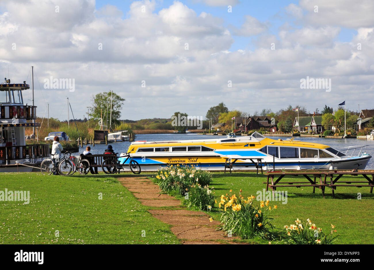 A view of boats by the River Bure on the Norfolk Broads at Horning ...