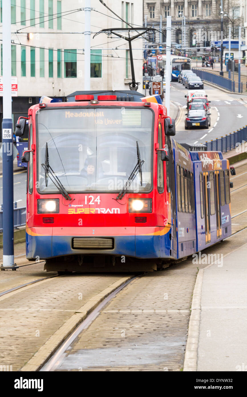 Sheffield tram, known as the Sheffield Supertram leaving Sheffield city ...