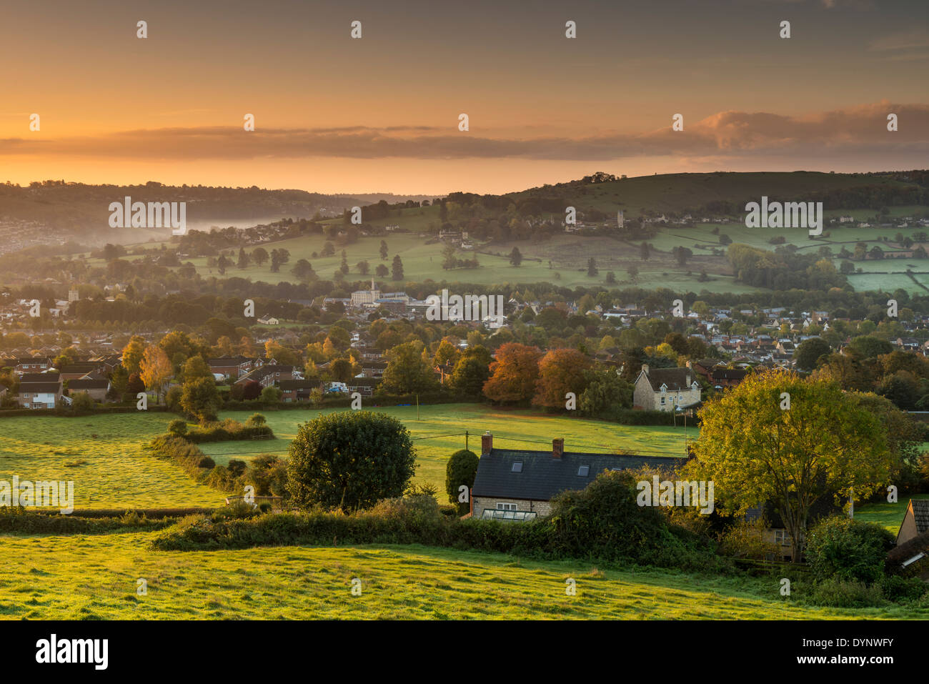 Early morning view over Cotswold market town of Stroud, looking towards ...
