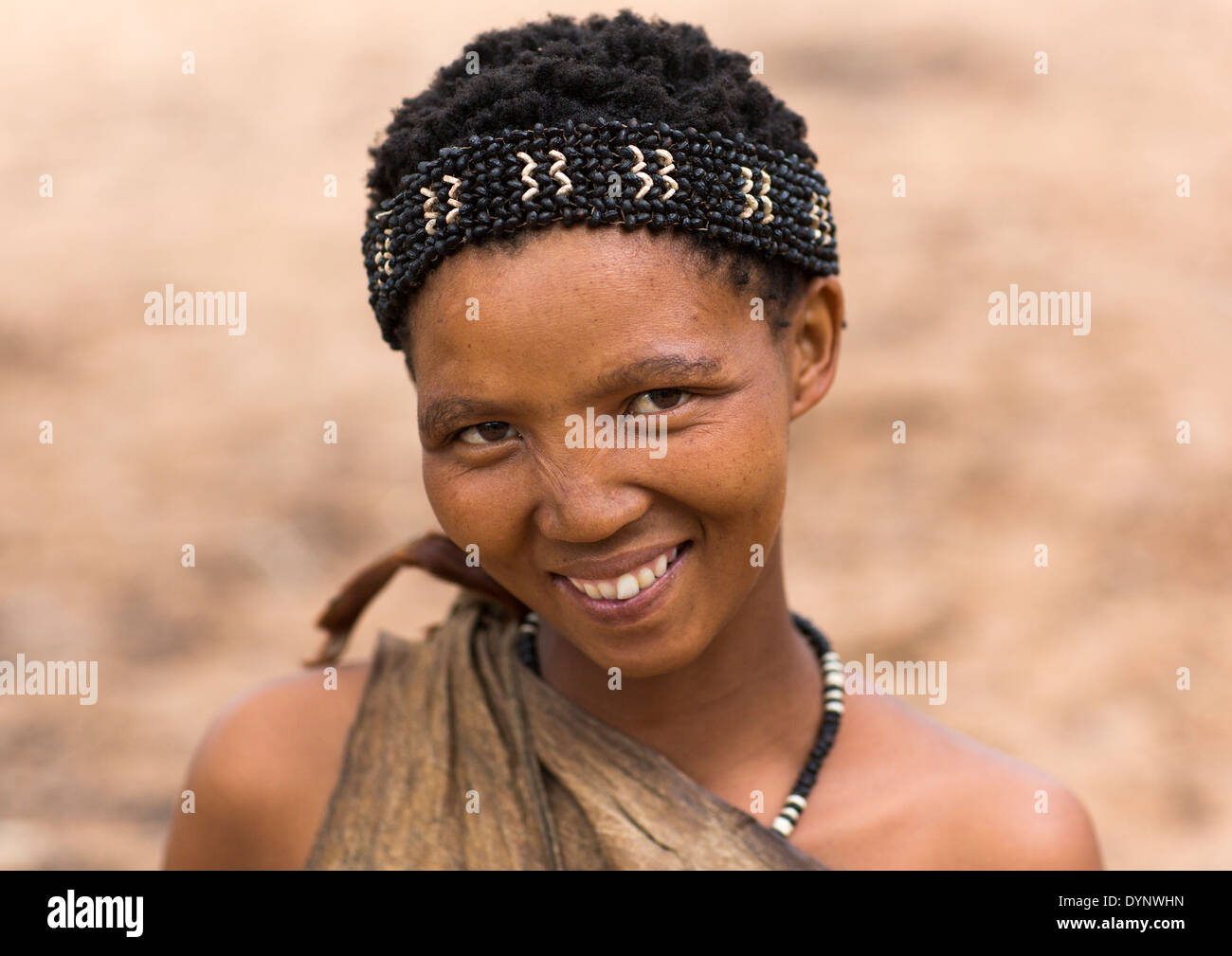 Bushman Woman With Beaded Traditional Headdress, Tsumkwe, Namibia Stock ...
