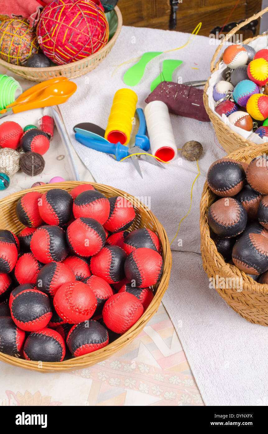 Assorted handcrafted leather balls as used for traditional Spanish ...