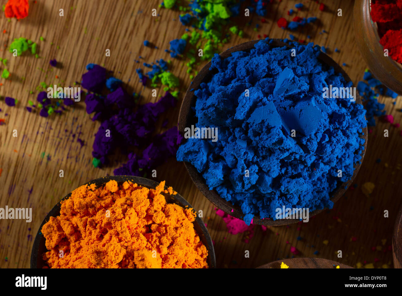 Colorful, finely powdered Indian pigments. Complementary colours: blue ...