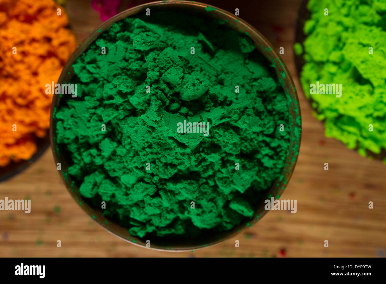 Colorful, finely powdered Indian pigments. Focus on green Stock Photo ...