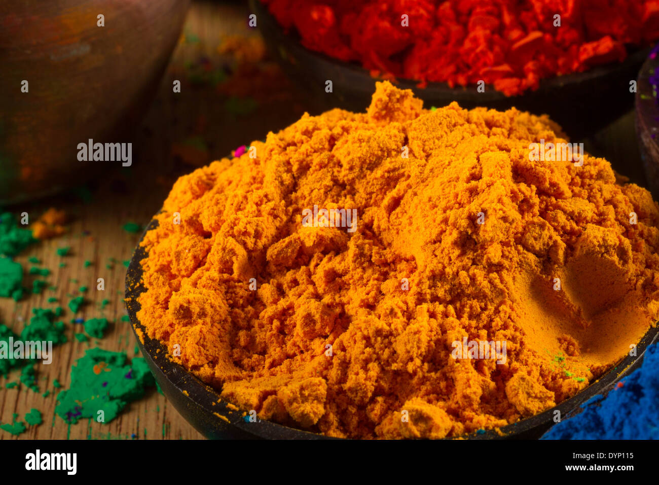 Colorful, finely powdered Indian pigments. Closeup on yellow Stock ...