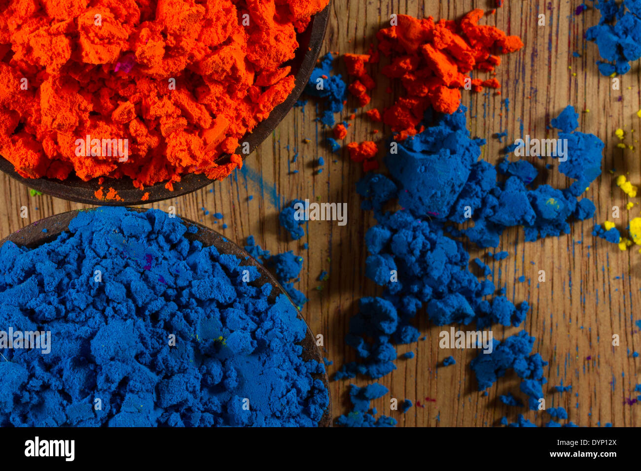 Colorful, finely powdered Indian pigments. Complementary colours: blue ...