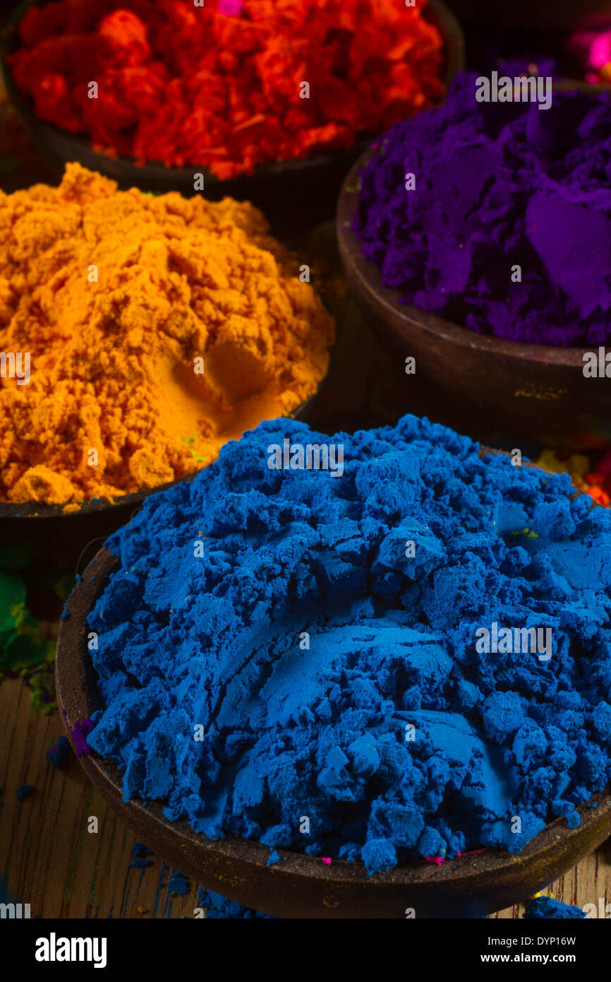 Colorful, finely powdered Indian pigments. Complementary colours: blue ...