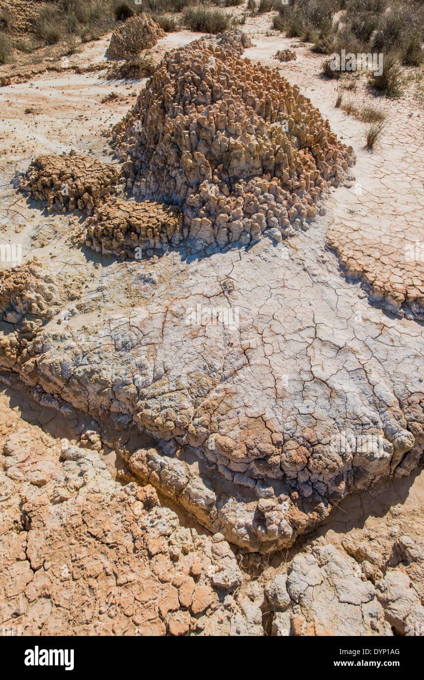 Rainfall-eroded block of clayish substrate and salt layer on Monegros ...