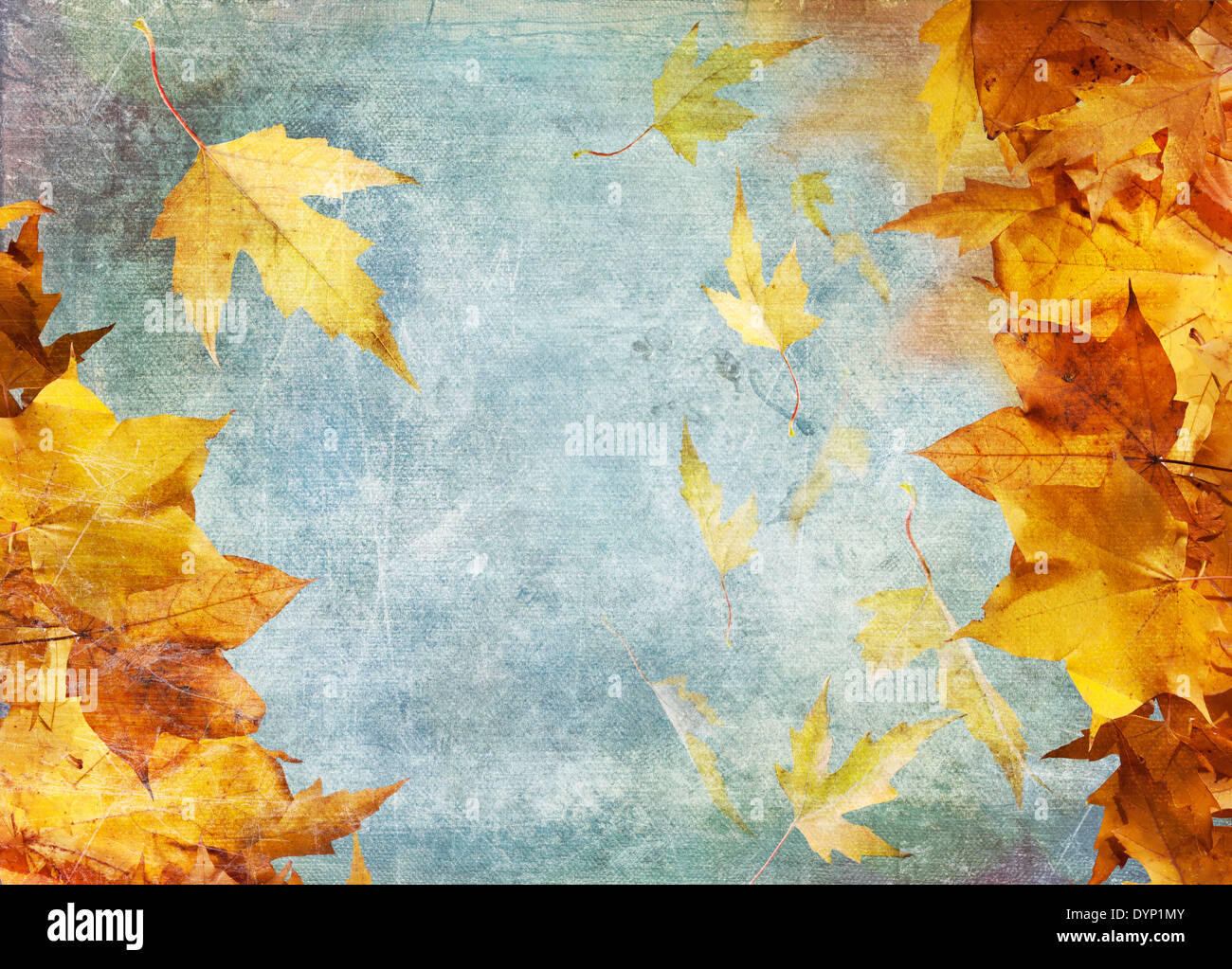 Autumn leaves falling against a blue sky background. Distressed painted ...