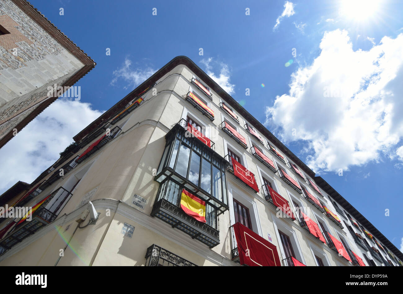 Building covered in Spanish flags, Madrid Stock Photo - Alamy