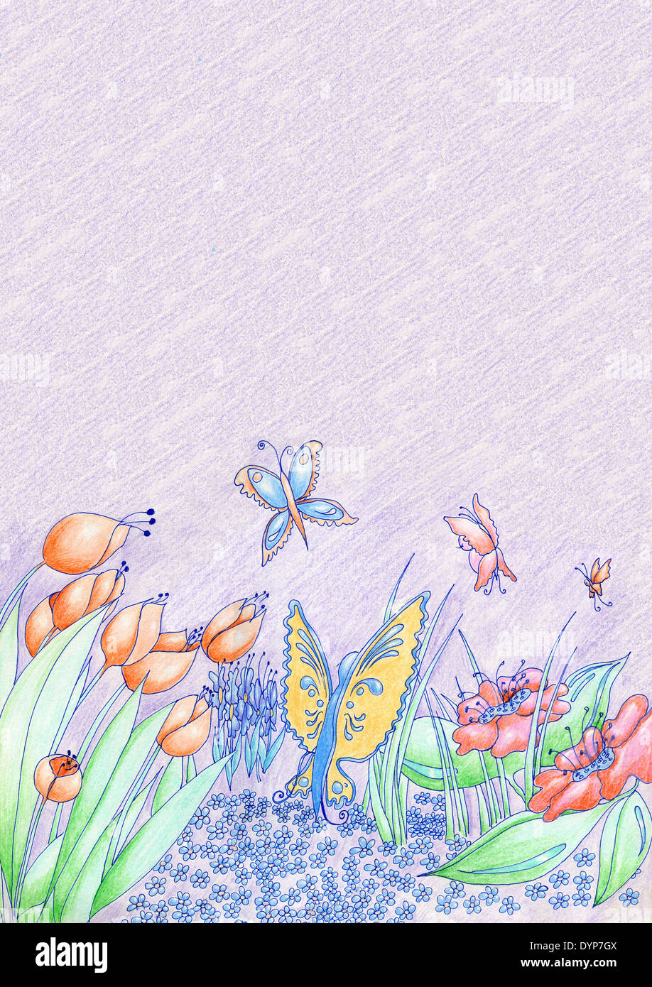 Spring flowers and butterflies hand drawn background pencil and ink ...