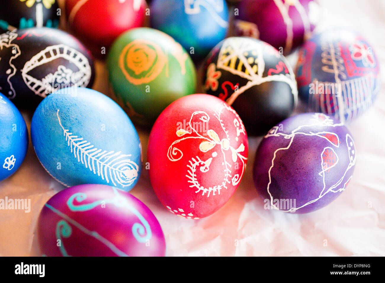 Hand painted Ukrainian Easter eggs decorated with folk designs using a ...