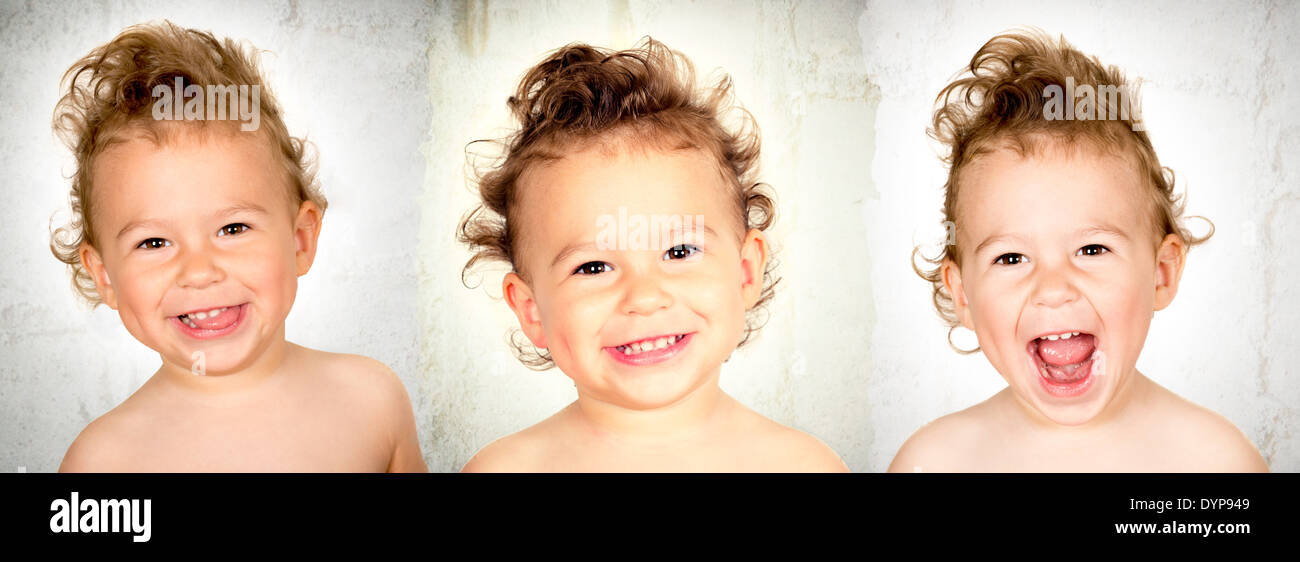 Three portraits of happy child with big smile on the face Stock Photo ...