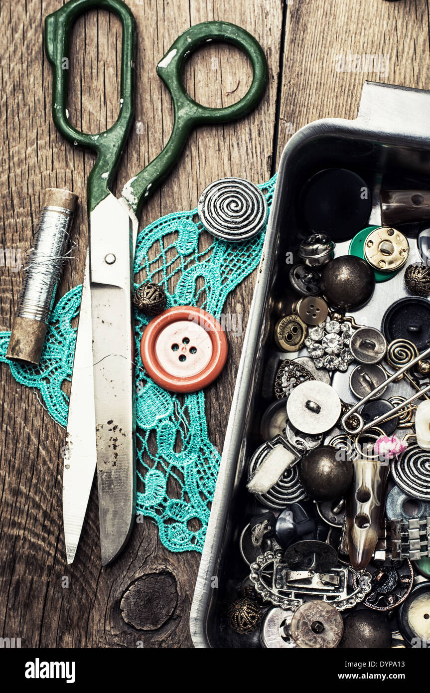 buttons and sewing tools Stock Photo - Alamy