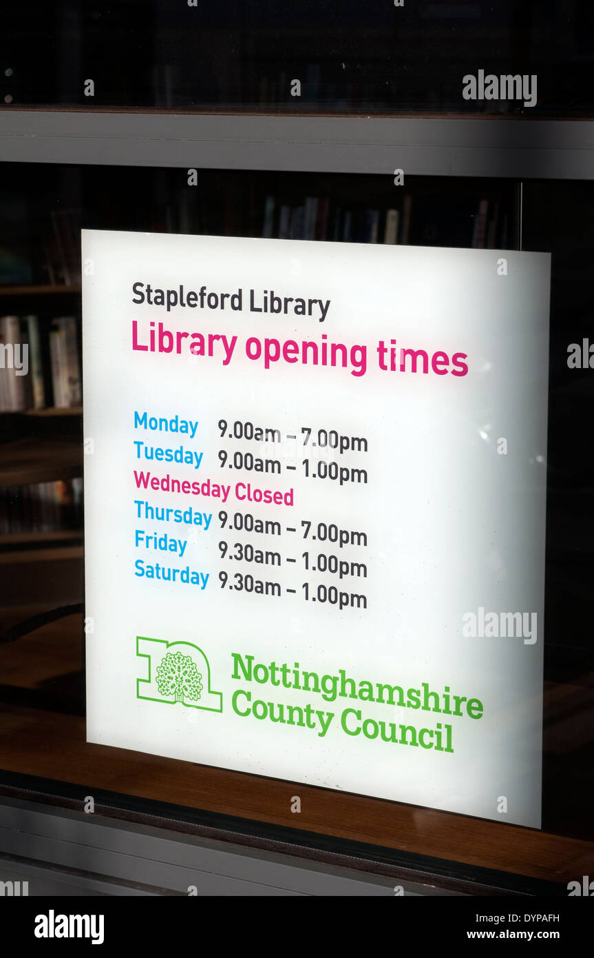 Public library opening times, Stapleford, Nottinghamshire, England, UK ...